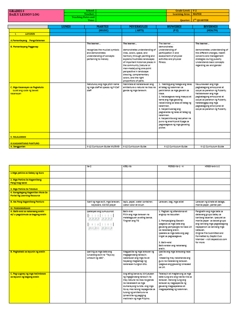 DLL - Mapeh 5 - Q2 - W2 | PDF