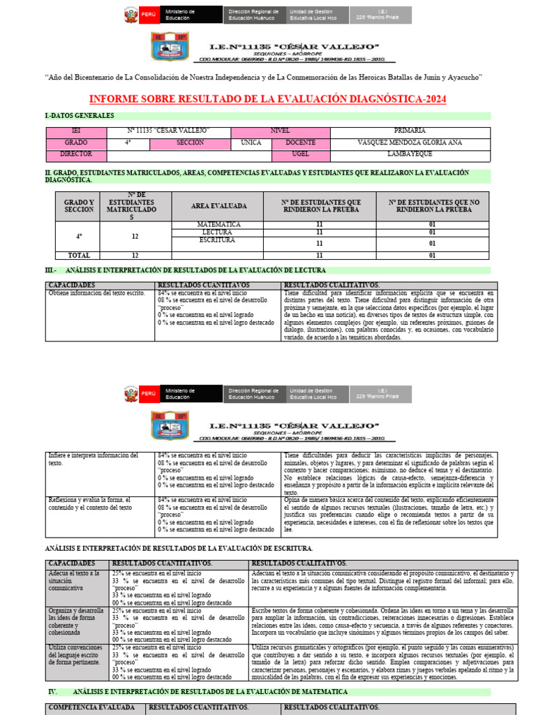 Inform Eval Diagn. 4° 2024 | PDF | Evaluación | Enseñando