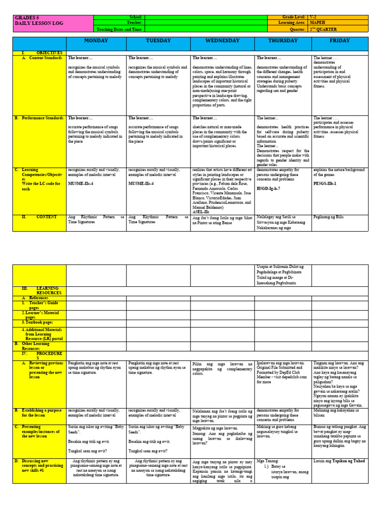 DLL - Mapeh 5 - Q2 - W5 | PDF