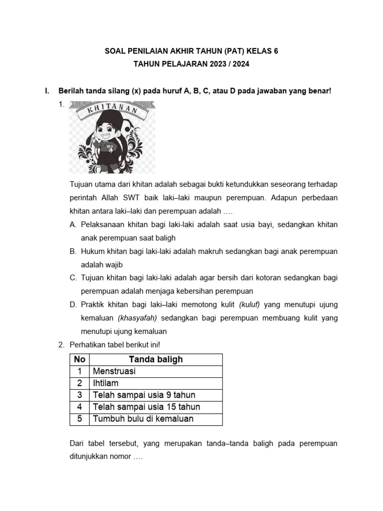 SOAL PAT Fikih Kls 6 TP. 2023-2024 | PDF