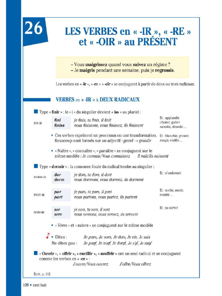 26 Les Verbes en -IR, -OIR Et -RE Au Présent | PDF