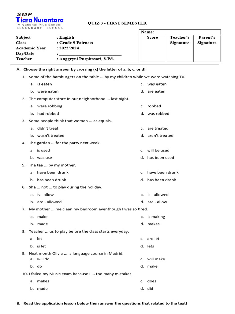 Quiz 3 English G9 | PDF