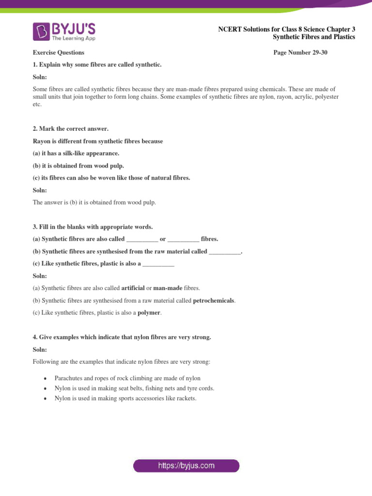 Ncert Solutions For Class 8 March 30 Science Chapter 3 Synthetic Fibres and Plastics | PDF ...