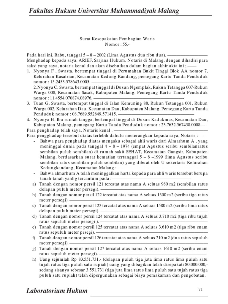 Surat Kesepakatan Pembagian Waris | PDF