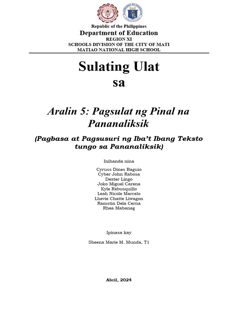 Sulating Ulat Aralin 5 Pagsulat NG Pinal Na Pananaliksik | PDF