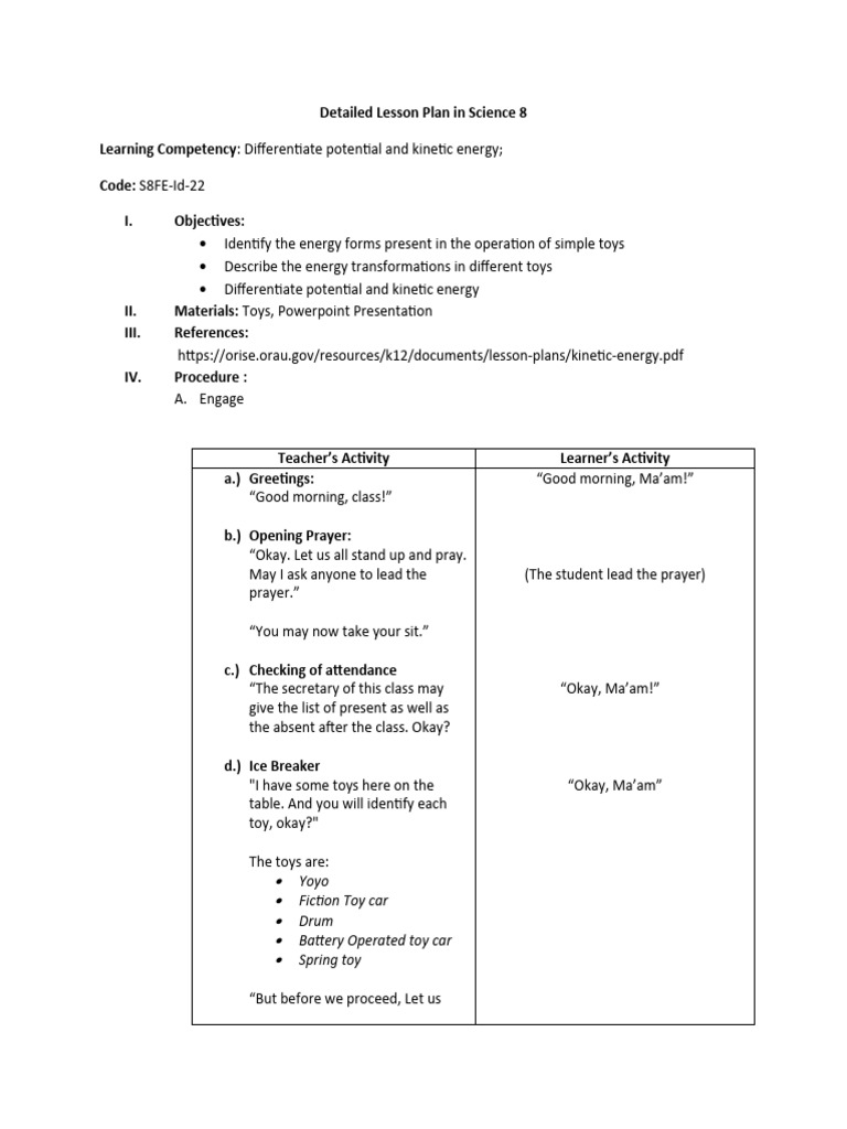 Detailed Lesson Plan in Science 8 | PDF | Force | Potential Energy