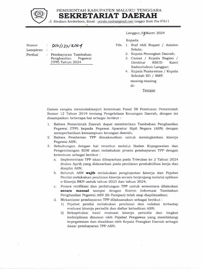 Surat Sekda - Pembayaran TPP | PDF