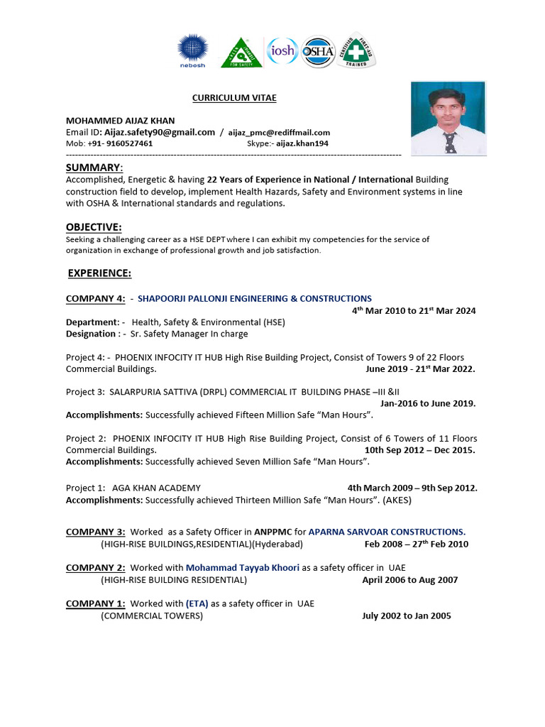 Mohammed Aijaz Khan: HSE Expert CV | PDF | Occupational Safety And ...