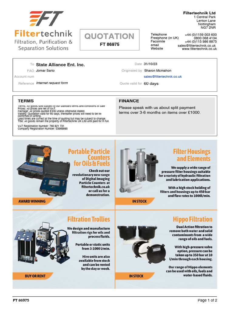 Filtertechnik Quotation FT86975 GBP | PDF | Value Added Tax