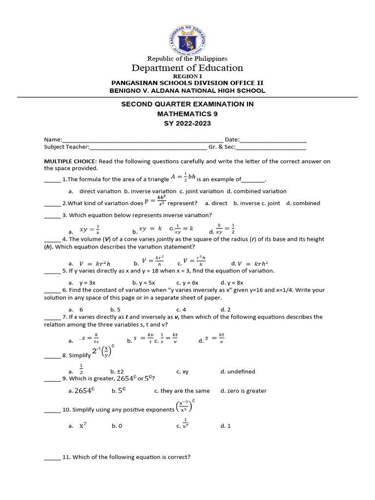 Math 9 Second Quarter Exam 2022-2023 | PDF | Exponentiation | Equations