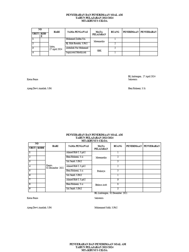 Daftar Penyerahan Dan Penerimaan Soal | PDF