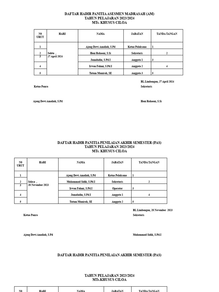 Daftar Hadir Panitia Ams | PDF