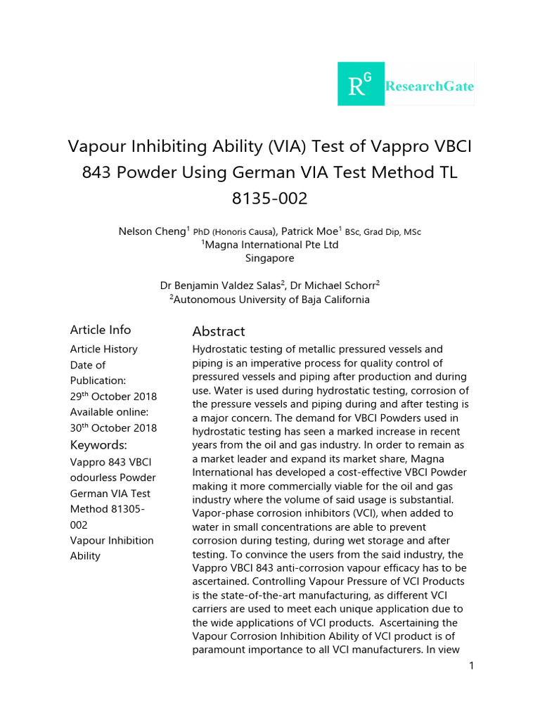Vapour Inhibiting Ability VIA Test of Va | PDF | Corrosion | Pressure