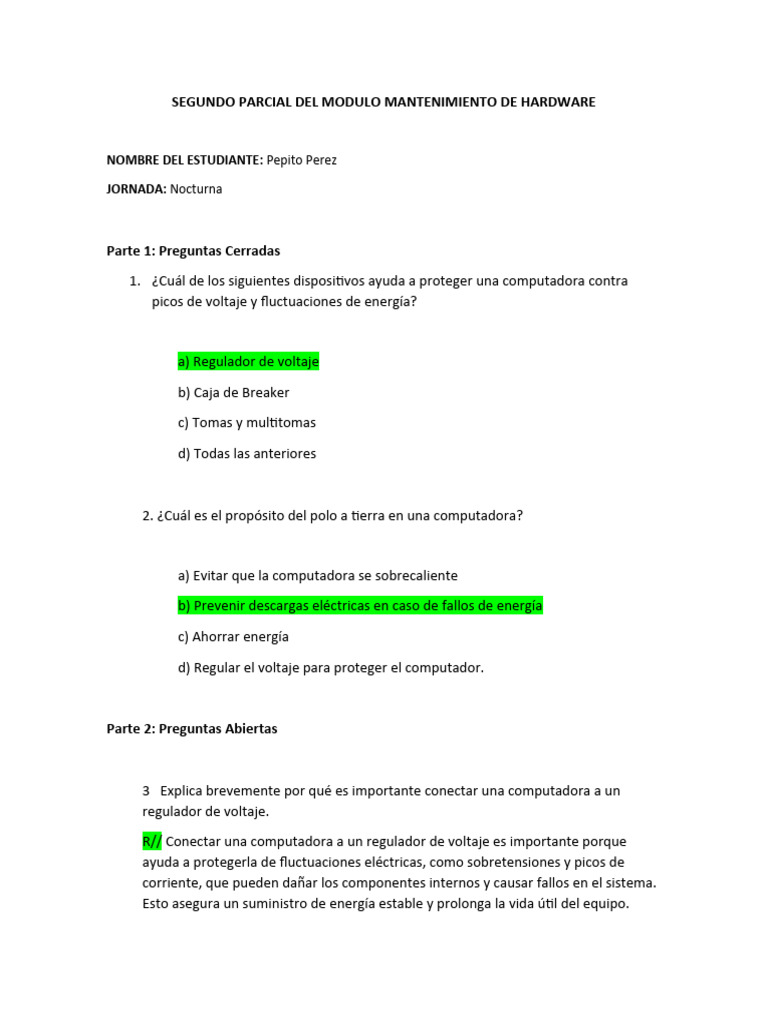 Segundo Parcial Del Modulo Mantenimiento de Hardware | PDF | Hardware de la computadora ...