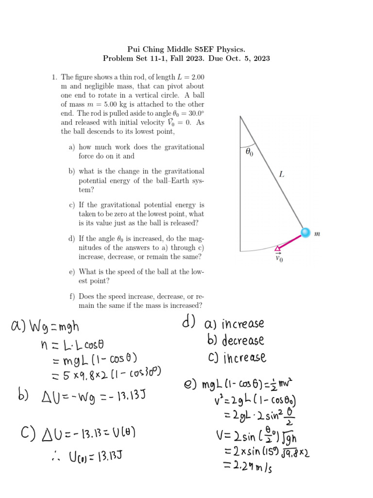 Physics Problem Set S5EF Fall 2023 | PDF | Mass | Pendulum