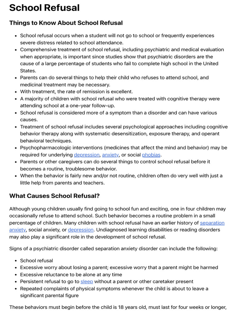 School Refusal: Treatment, Causes, Symptoms, Tips & Serious | PDF | Anxiety Disorder | Psychotherapy