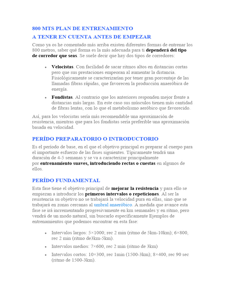 800 mts plan de entrenamiento | PDF | Corriendo