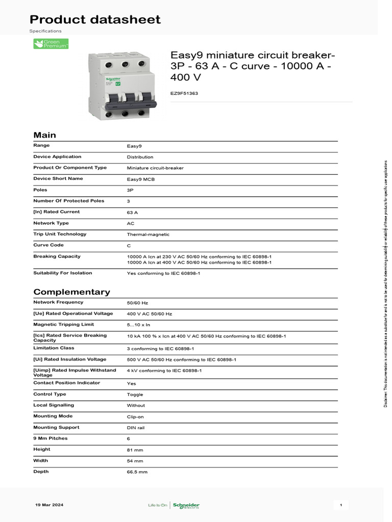Schneider Electric - Easy9-MCB - EZ9F51363 | PDF | Alternating Current | Electronics