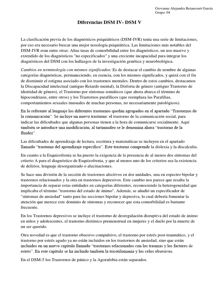 Cambios Clave entre DSM IV y DSM V | PDF | Trastorno mental | Manual ...