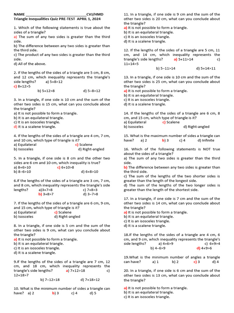 Triangle Inequalities Quiz Pre-Test | PDF | Triangle | Elementary Geometry