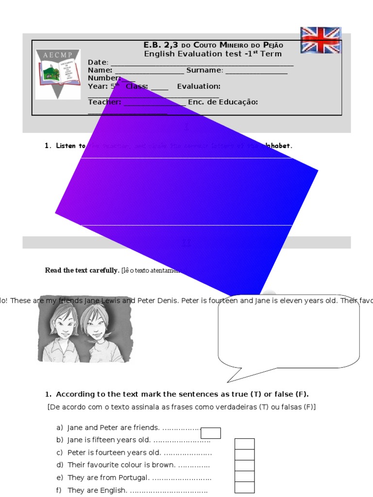 English Evaluation Test - 1 Term: E.B. 2,3 C M P | PDF | Language Arts ...