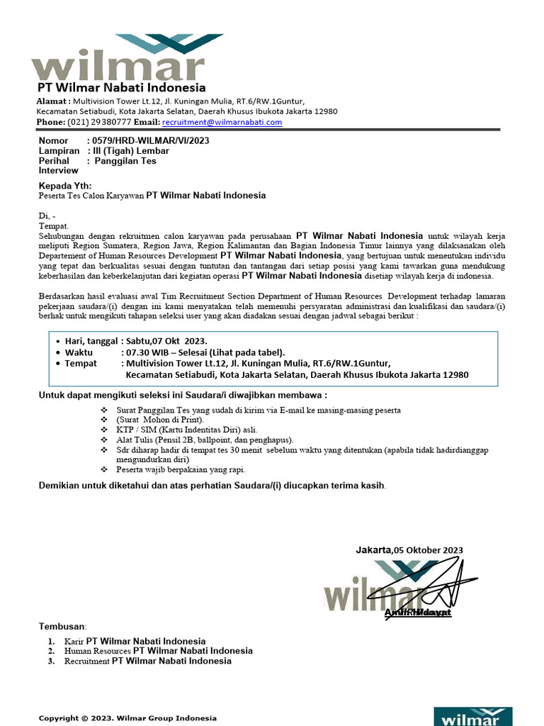 FIle Undangan Interview PT. Wilmar Nabati Indonesia 2023 | PDF