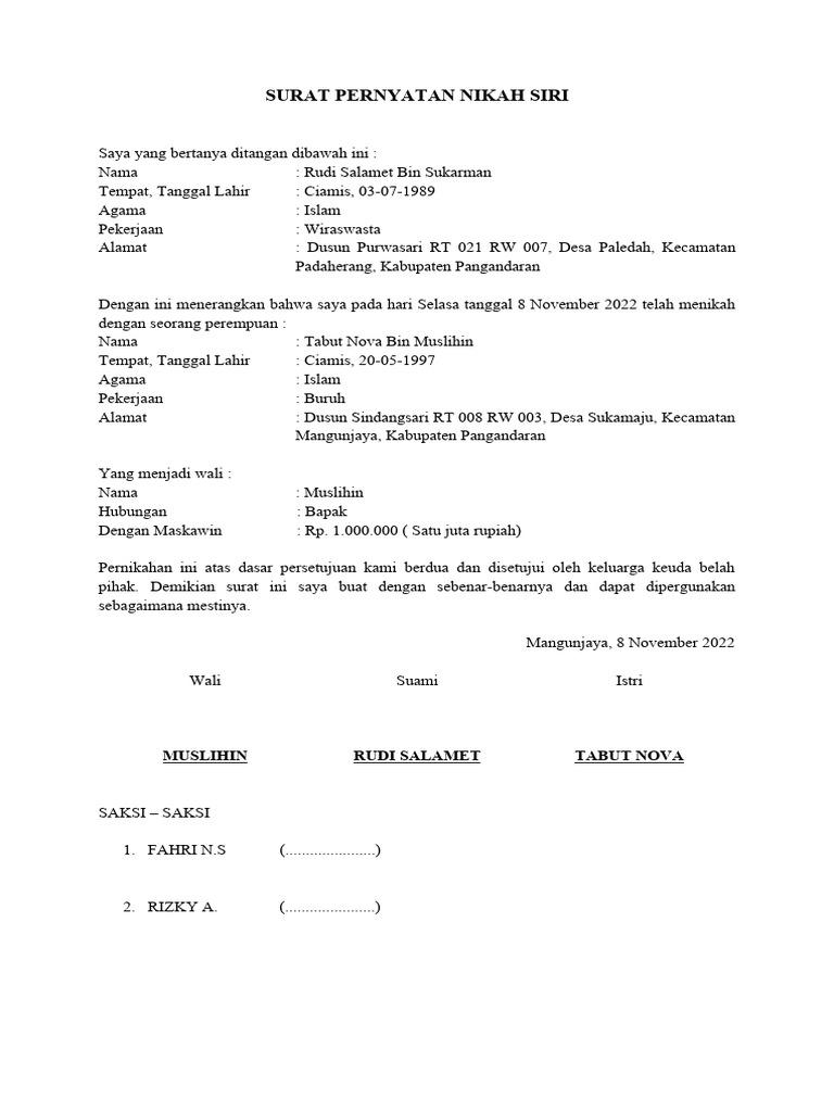 379 - Contoh Surat Nikah Siri Resmi | PDF