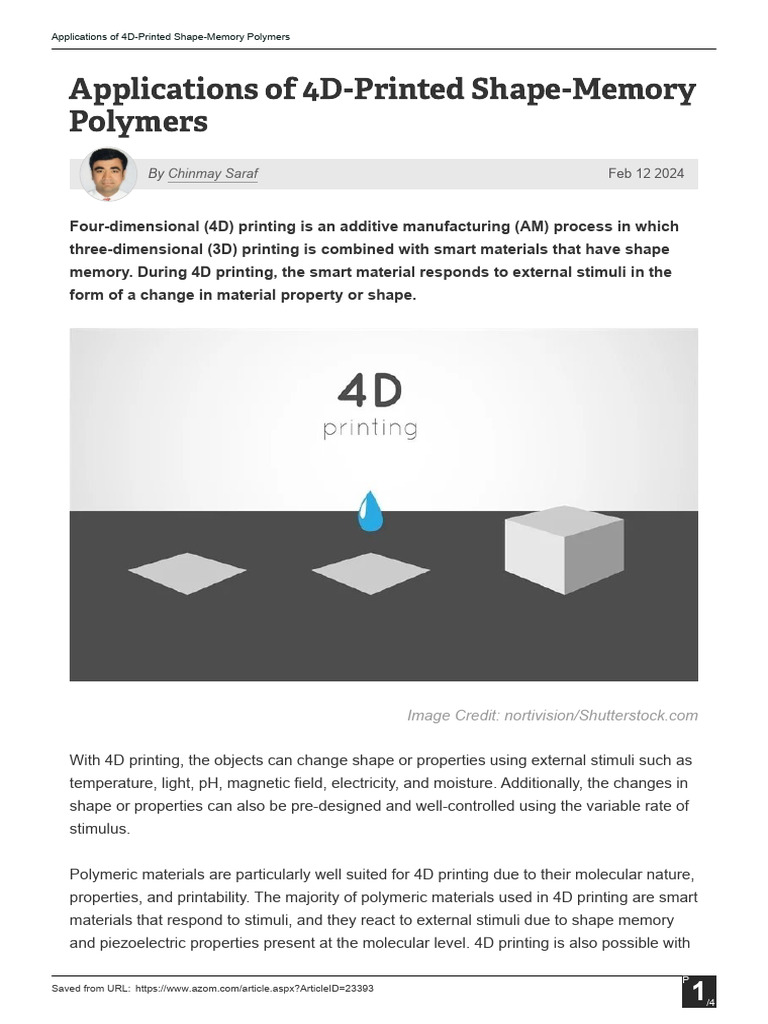 Applications of 4D Printed Shape Memory Polymers | PDF | 3 D Printing ...