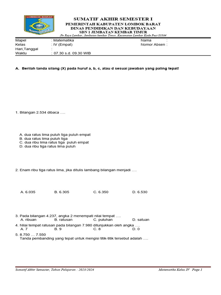 Soal STS Matematika Kls 4 | PDF