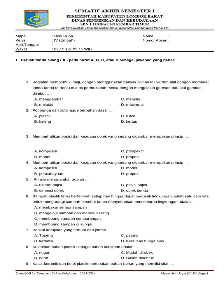 Soal STS Seni Rupa Kls 4 | PDF