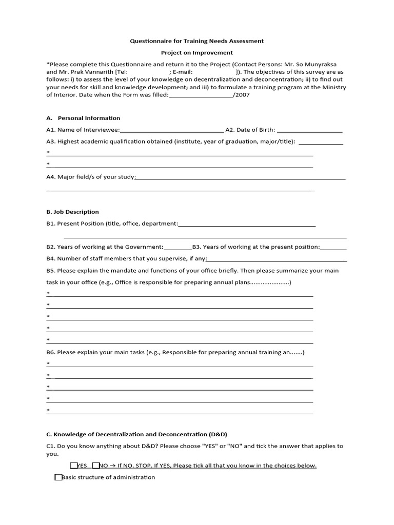 Training Needs Assessment Questionnaire | PDF | Taxes
