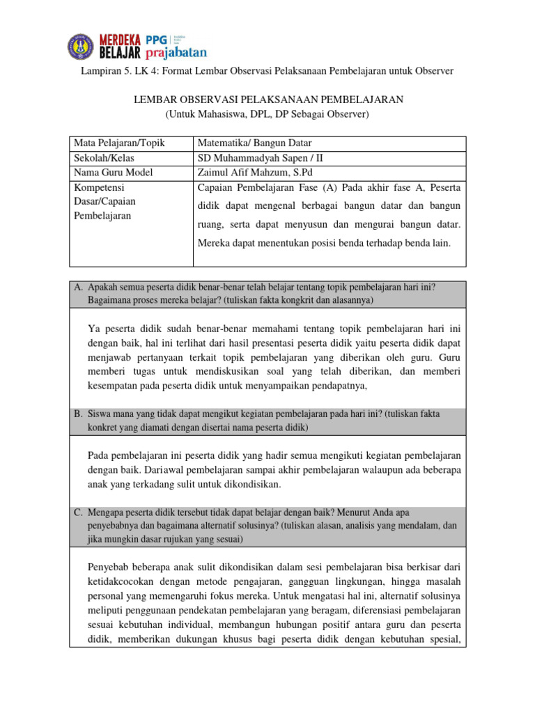 LK 4 - Lembar Observasi Pembelajaran - Siklus 1 | PDF
