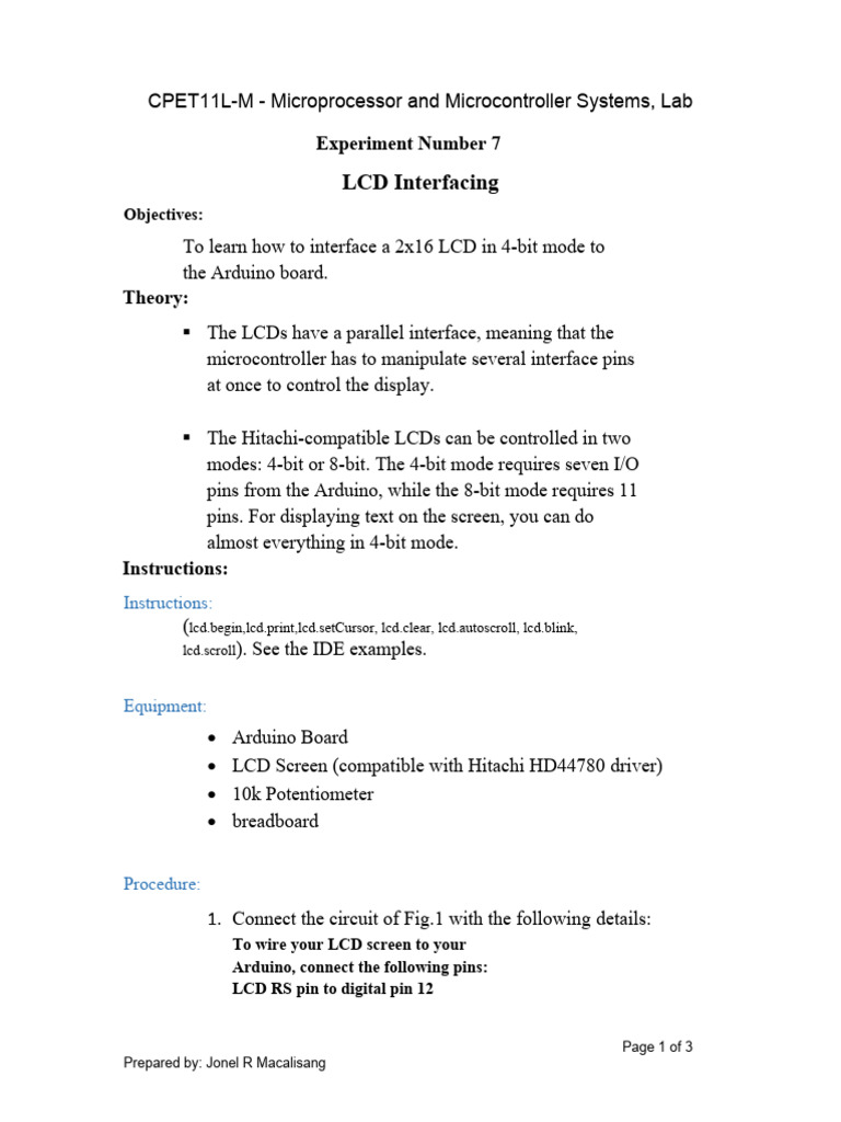 LAB-ACTIVITY-7-LCD | PDF | Arduino | Liquid Crystal Display LAB-ACTIVITY-7-LCD | PDF | Arduino | Liquid Crystal Display