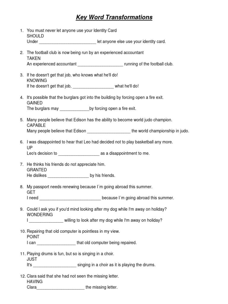 Key Word Transformations Set 1 (From 1-24) | PDF