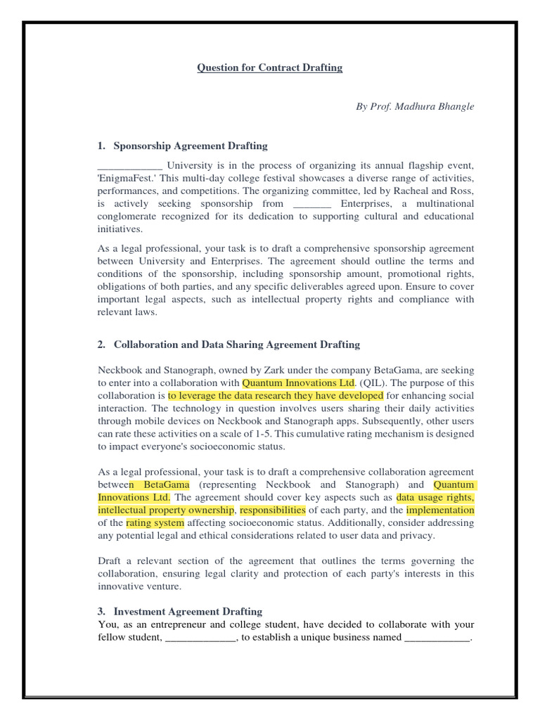 Questionfor Contract Drafting Pdf Business Entrepreneurship