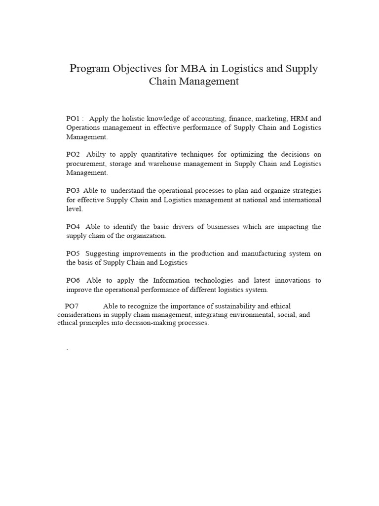 MBA Program Objectives: Logistics & Supply Chain | PDF