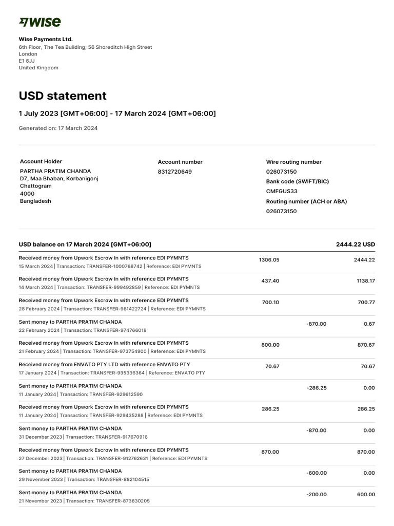 Wise Payments Account Statement 2023-2024 | PDF | Service Industries ...