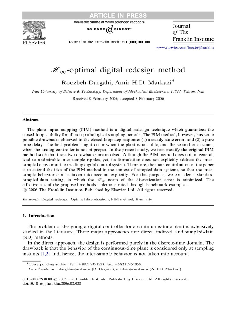 H Infinity Optimal Degital Redesign Method | Download Free PDF | Control Theory | Discrete Time ...