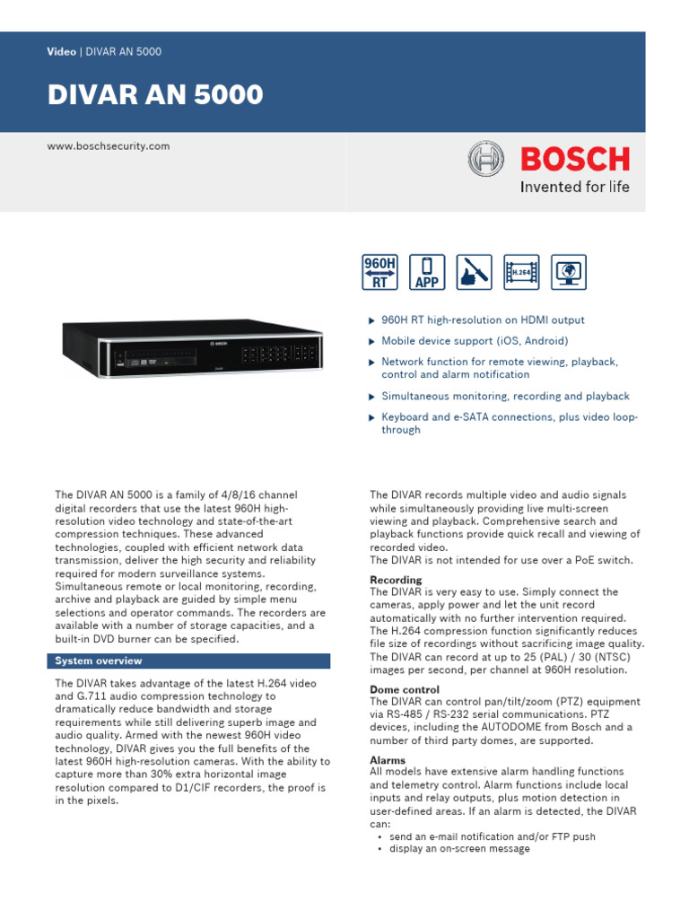 DIVAR AN 5000: 960H DVR Overview | PDF | Hdmi | Video