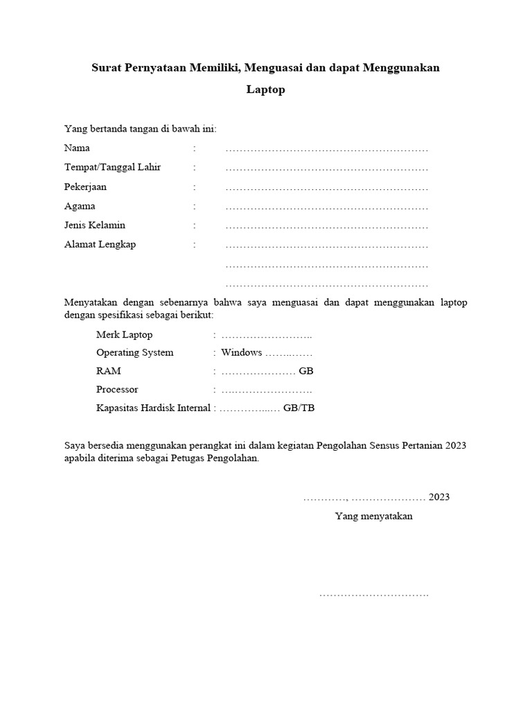 Surat Pernyataan Penguasaan Laptop | PDF