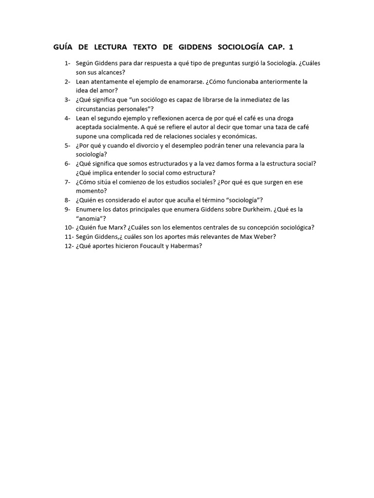 Guía de Lectura Texto de Giddens Sociología | PDF