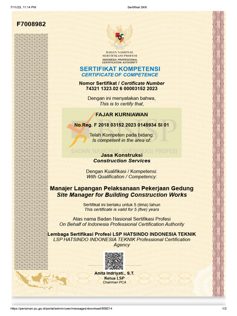 Sertifikat SKK FAJAR KURNIAWAN Manager Lap Gedung | PDF
