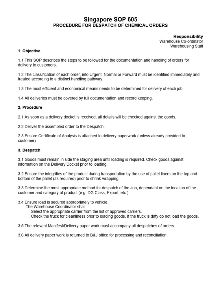 Chemical Order Dispatch SOP Singapore | PDF | Technology & Engineering