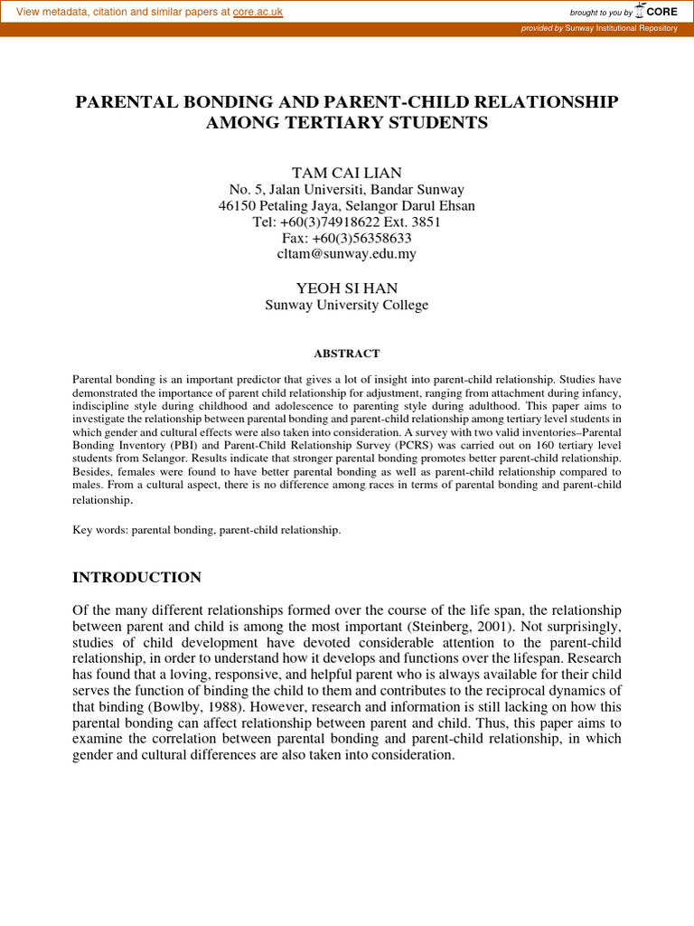 Parental bonding and parent-child relationship among tertiary students ...