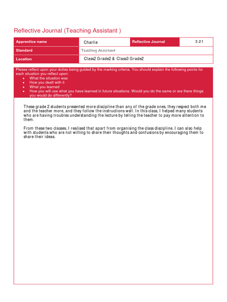Reflective Journal (Teaching Assistant) | PDF