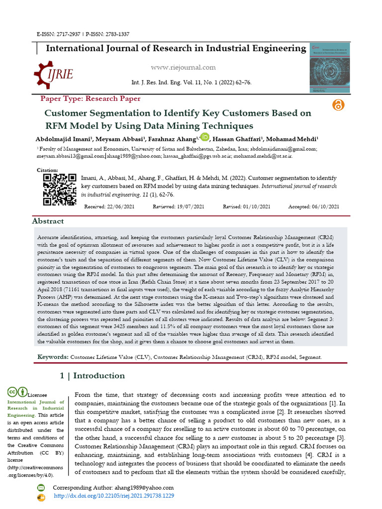 Data Mining RIEJ - Volume 11 - Issue 1 - Pages 62-76 | PDF | Customer Relationship Management ...