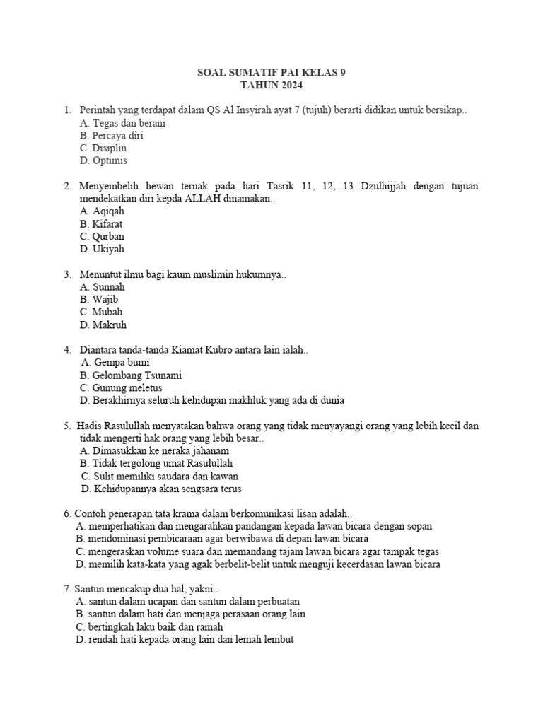 Soal Pai Sumatif Kelas 9 2024 | PDF | Agama & Spiritualitas