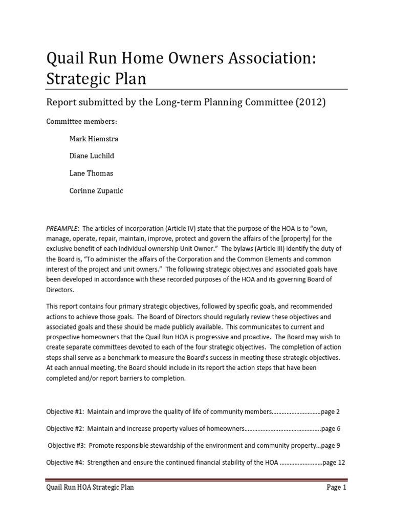 Quail Run Hoa Strategic Plan Report by Long-Term Planning Committee ...
