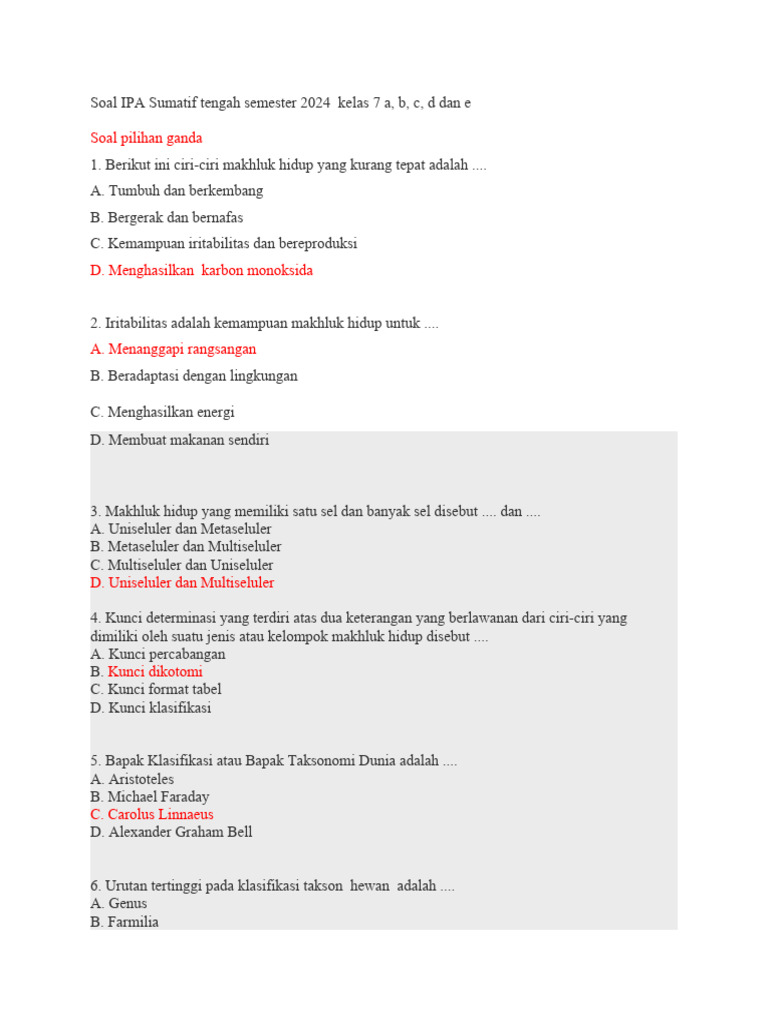 Soal Uts IPA 2024 Klas 7 A, B, C, D Dan e | PDF | Ilmu Sosial | Griya & Taman