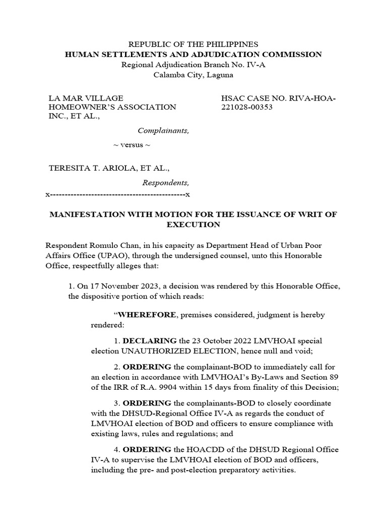 HSAC; Motion for the Issuance of Writ of Execution_ RIVA-HOA-221028 ...